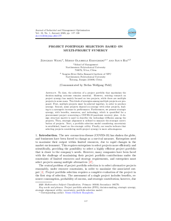 Pdf Project Portfolio Selection Based On Multi Project Synergy