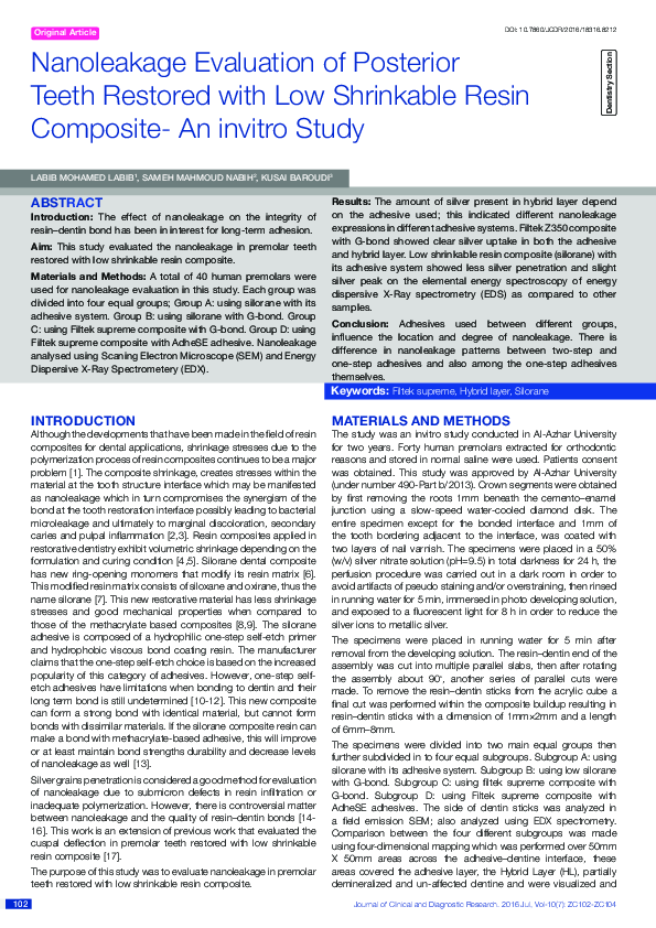 Pdf Nanoleakage Evaluation Of Posterior Teeth Restored With Low Shrinkable Resin Composite An