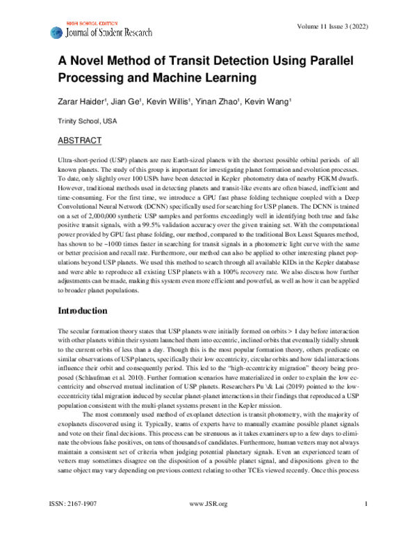 (PDF) A Novel Method of Transit Detection Using Parallel Processing and Machine Learning