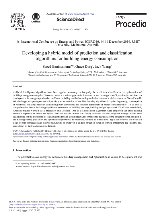 Pdf Developing A Hybrid Model Of Prediction And Classification Algorithms For Building Energy