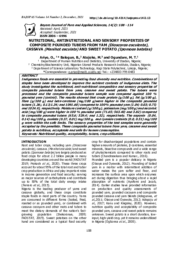 (PDF) Nutritional, antinutritional and sensory properties of composite pounded tubers from yam ...