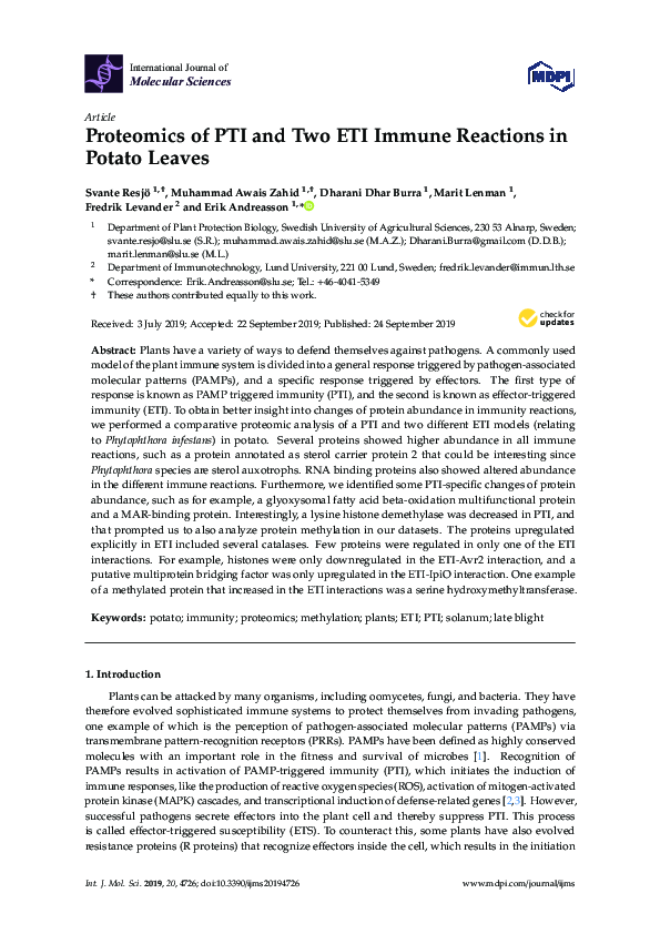 (PDF) Proteomics of PTI and Two ETI Immune Reactions in Potato Leaves