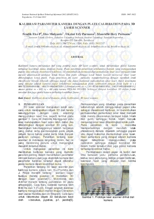 (PDF) Kalibrasi Parameter Kamera Dengan Plate Calibration Pada 3D Laser Scanner | Fendik Eko P ...