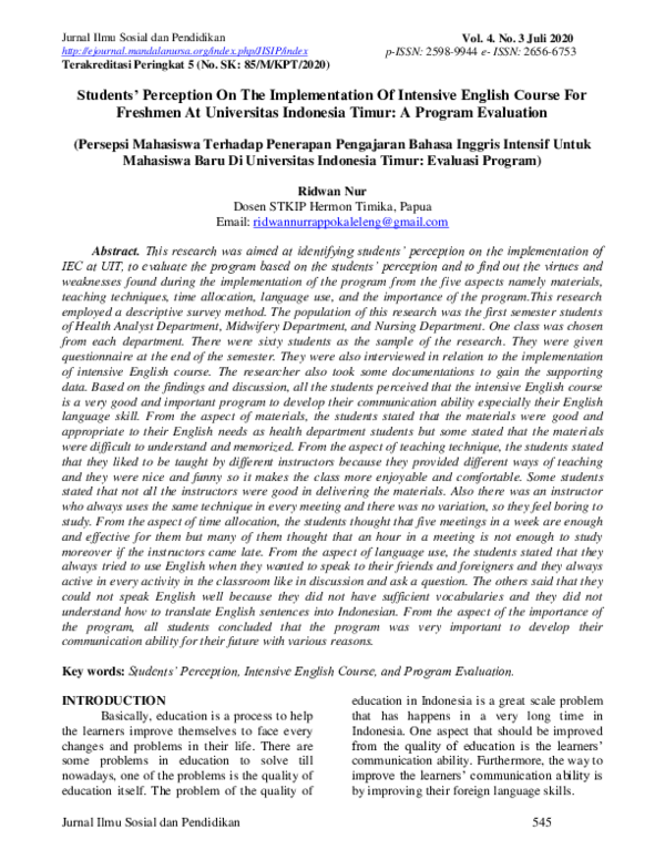 (PDF) Students’ Perception On The Implementation Of Intensive English ...