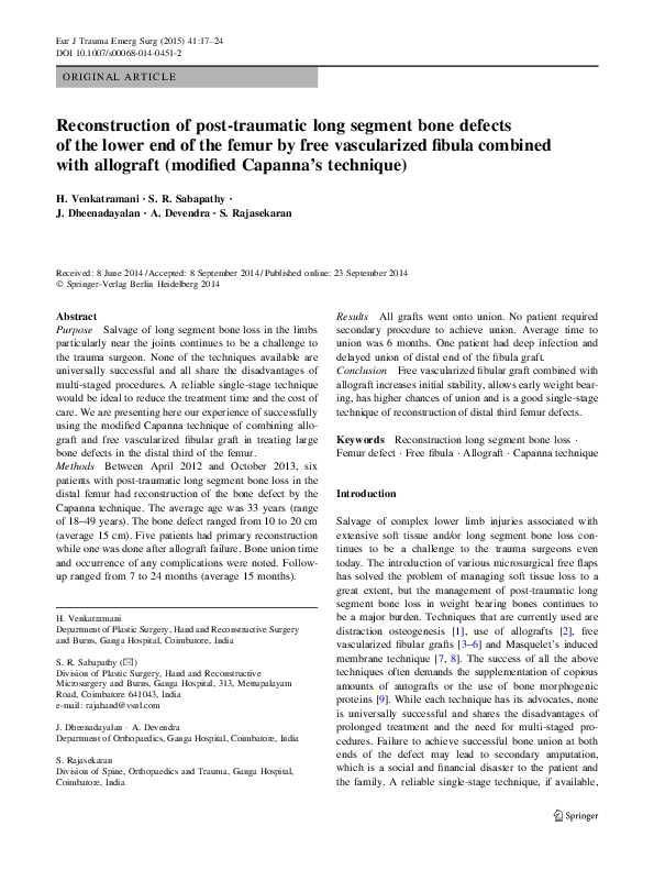 (PDF) Reconstruction of post-traumatic long segment bone defects of the ...