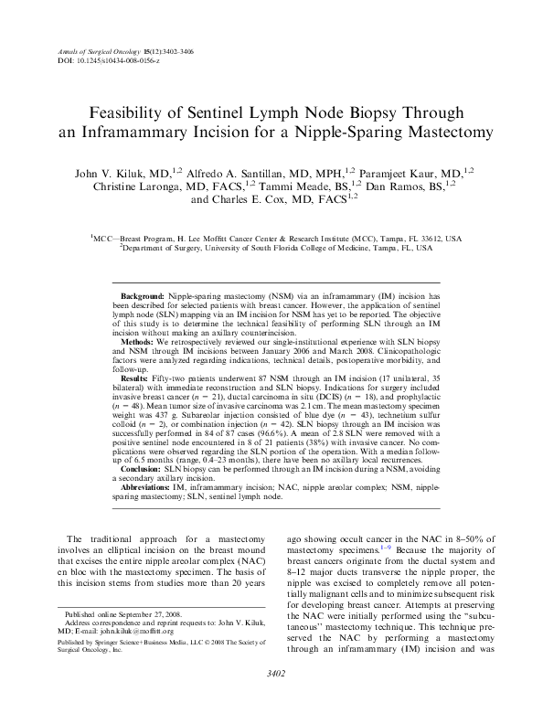 (PDF) Feasibility of Sentinel Lymph Node Biopsy Through an Inframammary ...