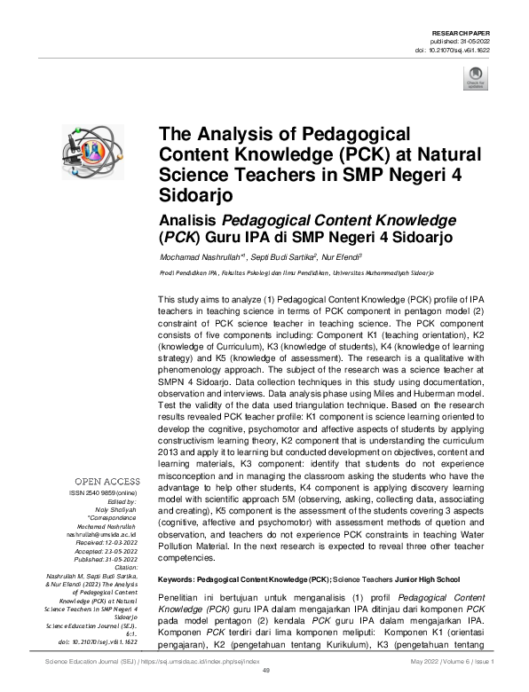 (PDF) The Analysis of Pedagogical Content Knowledge (PCK) at Natural ...