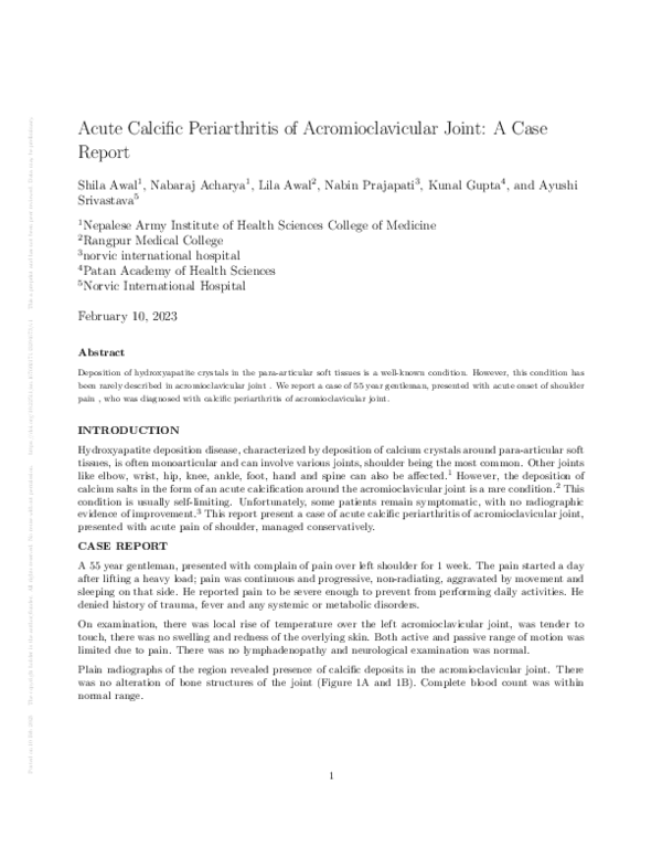 (PDF) Acute Calcific Periarthritis of Acromioclavicular Joint: A Case ...