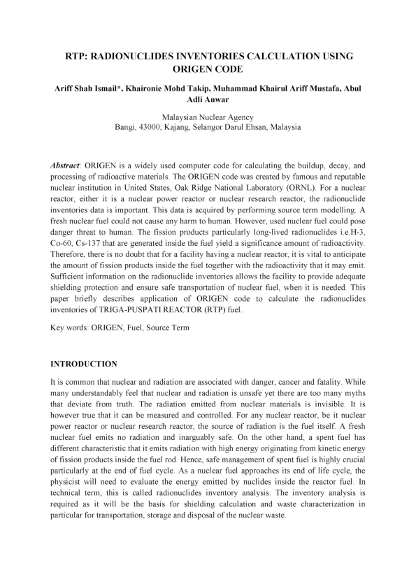 (PDF) RTP: Radionuclides inventories calculation using ORIGEN Code