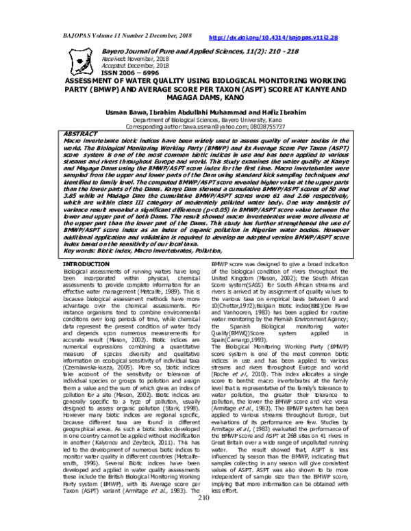 (PDF) Assessment of water quality using biological monitoring working ...