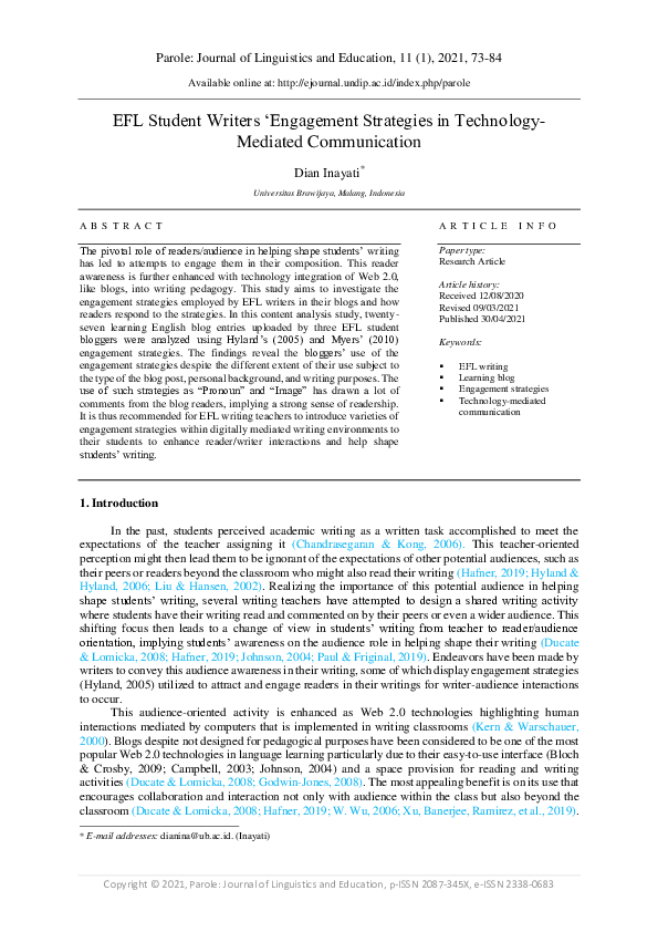 (PDF) EFL Student Writers‘ Engagement Strategies in Technology-Mediated ...