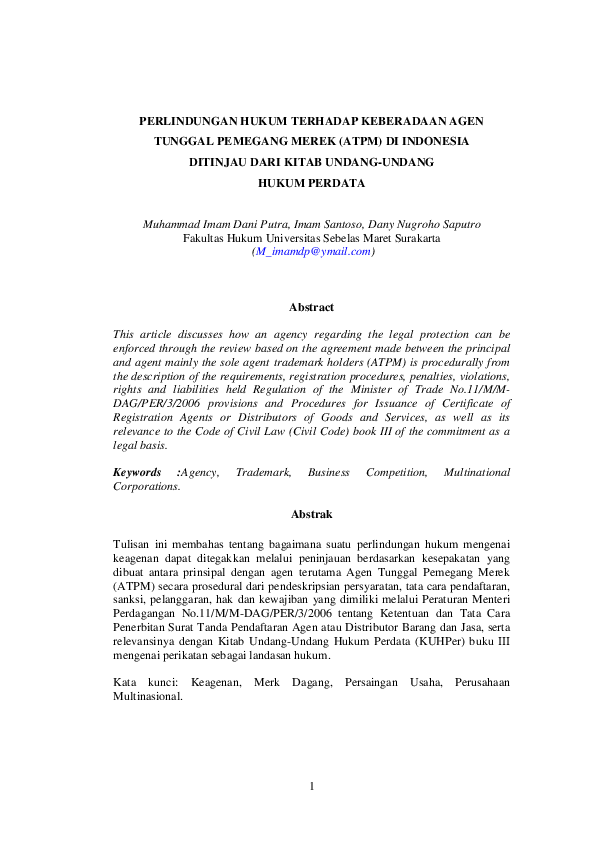 (PDF) Perlindungan Hukum Terhadap Keberadaan Agen Tunggal Pemegang ...