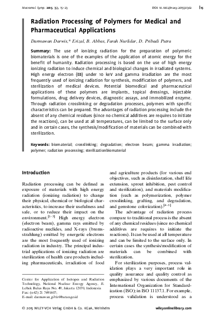 (PDF) Radiation Processing of Polymers for Medical and Pharmaceutical Applications