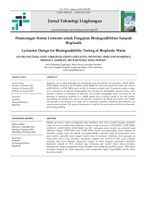 (PDF) Perancangan Sistem Lisimeter untuk Pengujian Biodegradibilitas ...