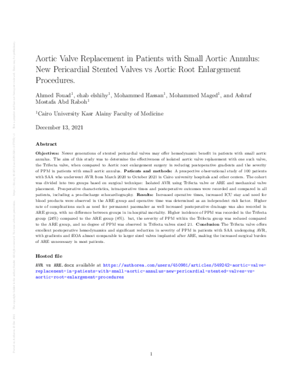 (PDF) Aortic Valve Replacement in Patients with Small Aortic Annulus: New Pericardial Stented ...