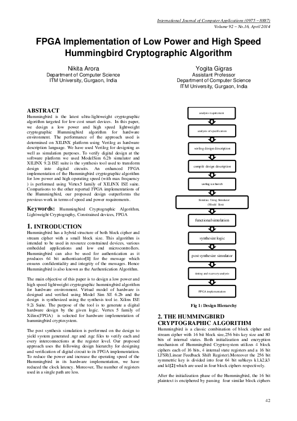 Pdf Hummingbird Cryptographic Algorithm Yogita Gigras 7094