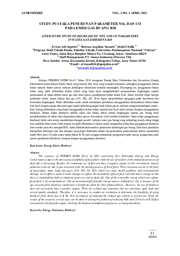(PDF) Study Pustaka Penurunan Parameter Nox Dan Co Pada Emisi Gas Buang B30 | Erwan Adi Saputro ...
