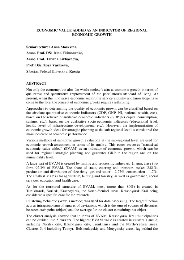 (PDF) Economic Value Added as an Indicator of Regional Economic Growth