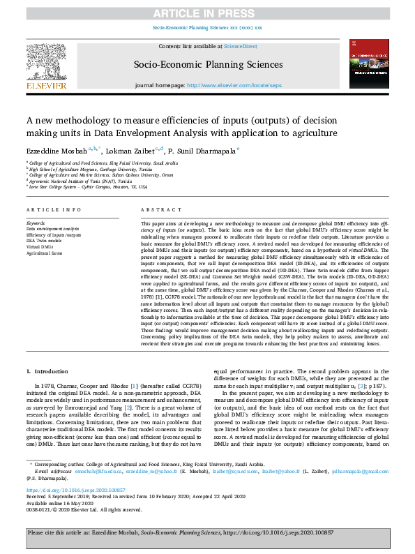 Pdf A New Methodology To Measure Efficiencies Of Inputs Outputs Of