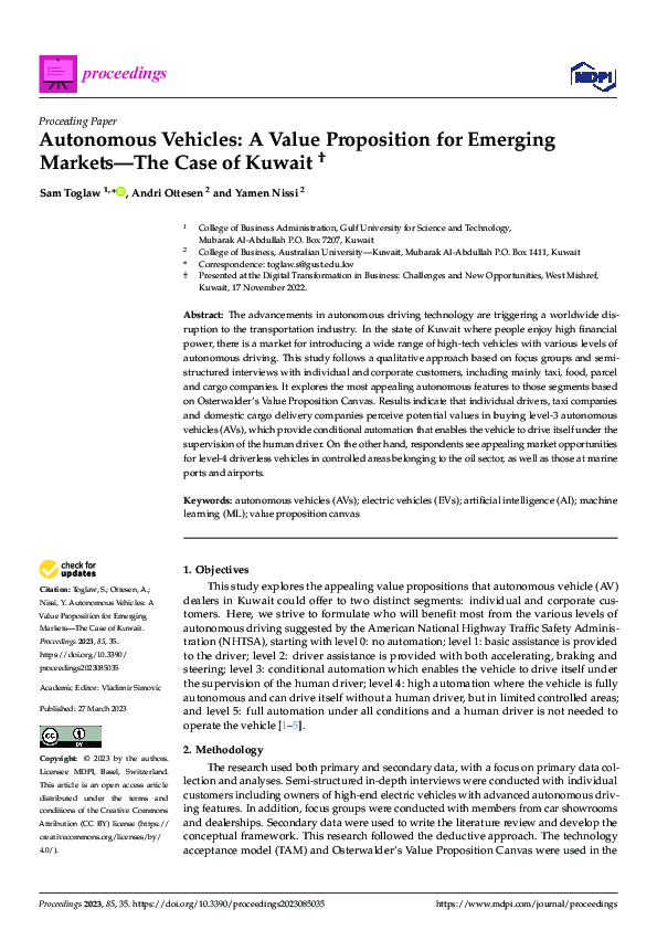 (PDF) Autonomous Vehicles: A Value Proposition for Emerging Markets—The Case of Kuwait