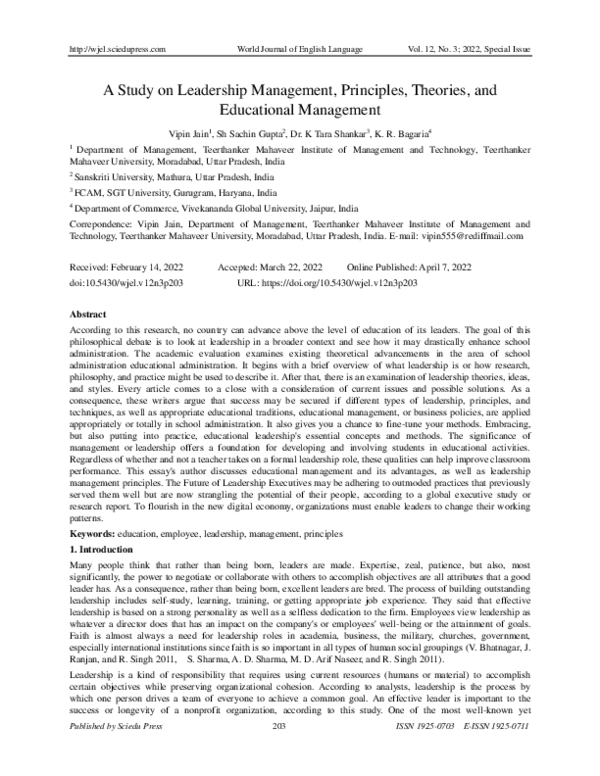 (PDF) A Study on Leadership Management, Principles, Theories, and ...