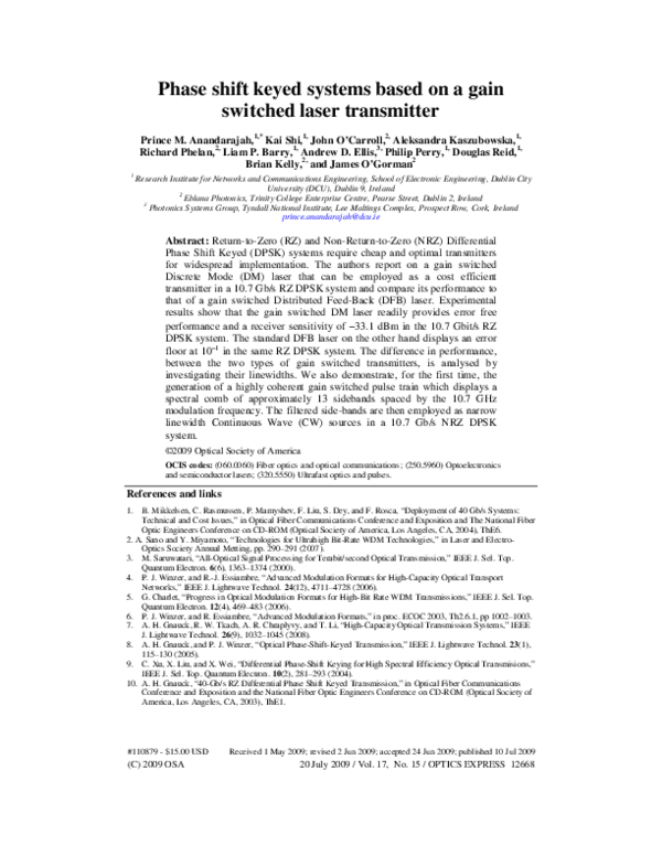 (PDF) Phase shift keyed systems based on a gain switched laser transmitter