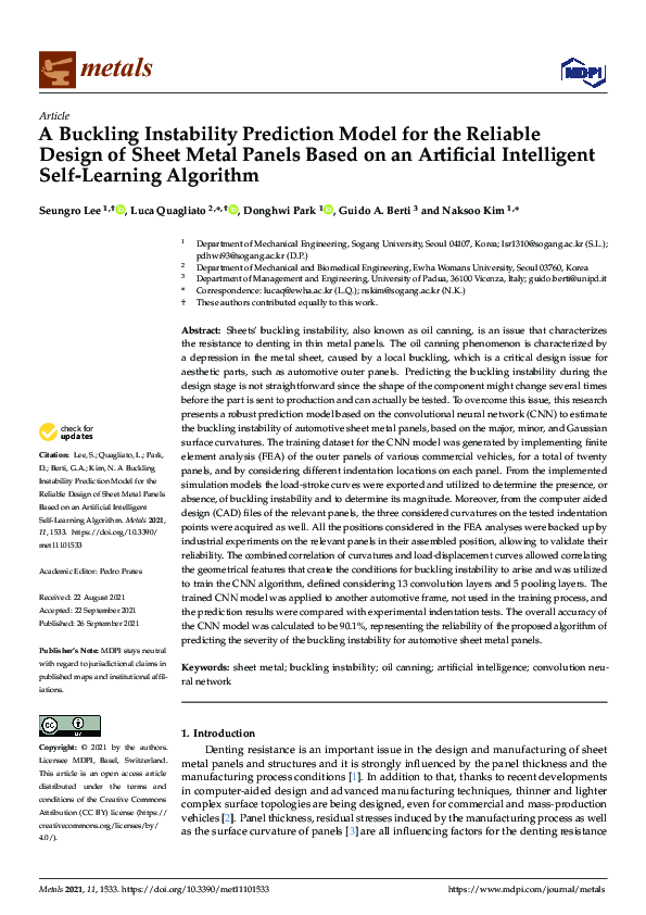 (PDF) A Buckling Instability Prediction Model for the Reliable Design of Sheet Metal Panels ...