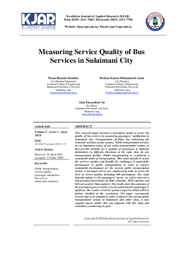 (PDF) Measuring Service Quality of Bus Services in Sulaimani City