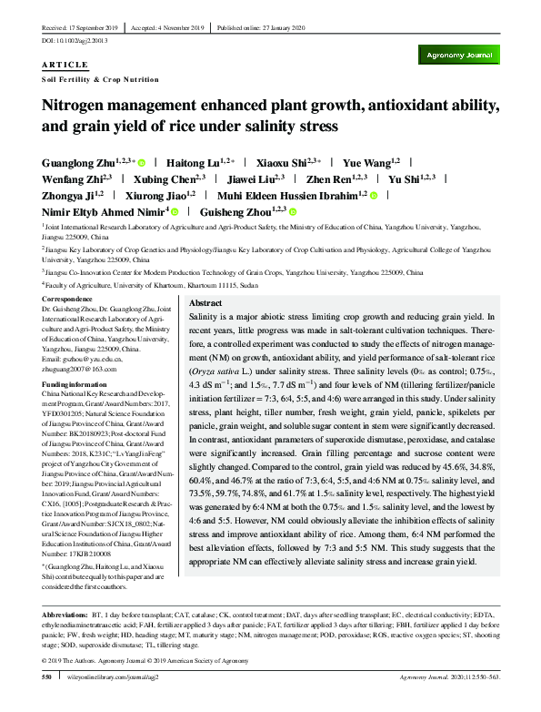 (PDF) Nitrogen management enhanced plant growth, antioxidant ability, and grain yield of rice ...