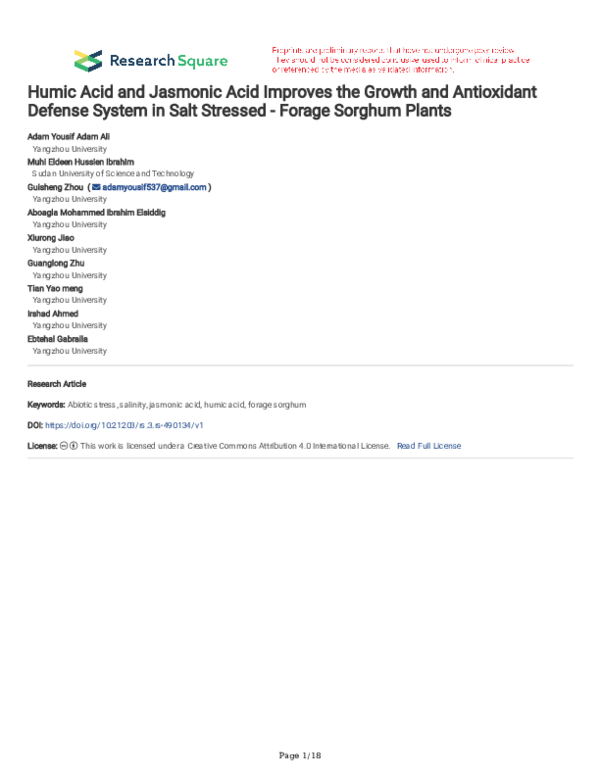 (PDF) Humic Acid and Jasmonic Acid Improves the Growth and Antioxidant ...