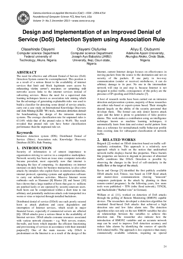 (PDF) Design and Implementation of an Improved Denial of Service (DoS) Detection System using ...