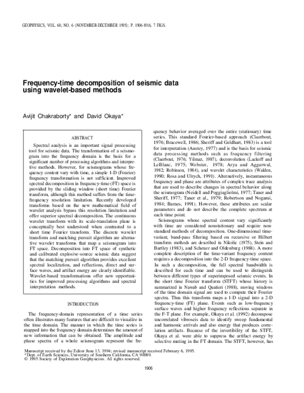 Pdf Frequency‐time Decomposition Of Seismic Data Using Wavelet‐based Methods