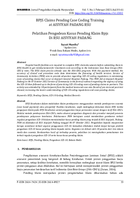 (PDF) BPJS Claims Pending Case Coding Training at AISYIYAH PADANG RSU | sayati mandia - Academia.edu