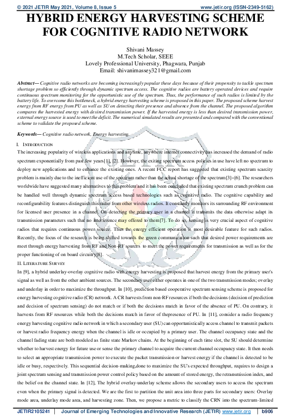 (PDF) Hybrid Energy Harvesting Scheme for Cognitive Radio Network