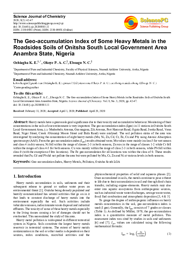 (PDF) The Geo-accumulation Index of Some Heavy Metals in the Roadsides Soils of Onitsha South ...