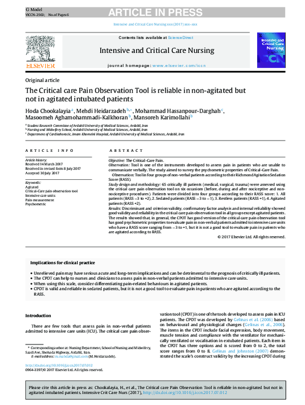 (PDF) The Critical care Pain Observation Tool is reliable in non ...