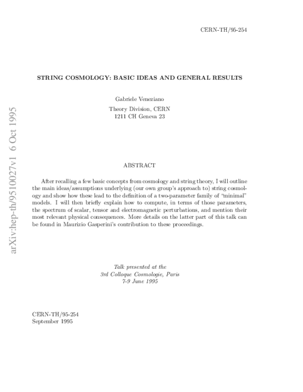 (PDF) String Cosmology: Basic Ideas and General Results