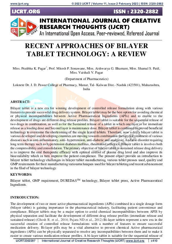 (PDF) RECENT APPROACHES OF BILAYER TABLET TECHNOLOGY: A REVIEW