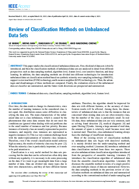 Pdf Review Of Classification Methods On Unbalanced Data Sets