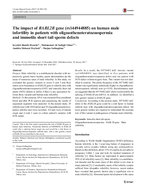 (PDF) The impact of RABL2B gene (rs144944885) on human male infertility ...