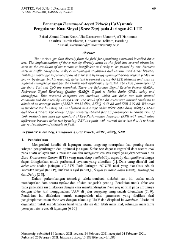 Pdf Penerapan Unmanned Aerial Vehicle Uav Untuk Pengukuran Kuat Sinyal Drive Test Pada