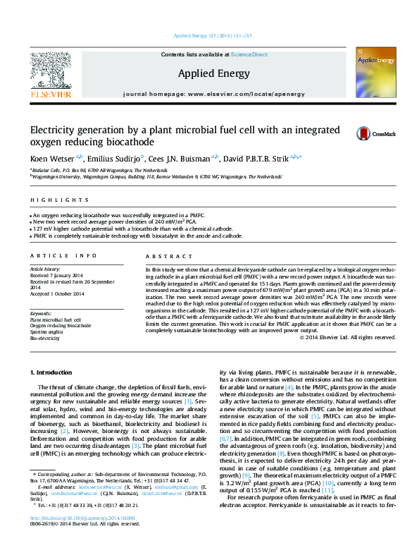 (PDF) Electricity generation by a plant microbial fuel cell with an integrated oxygen reducing ...