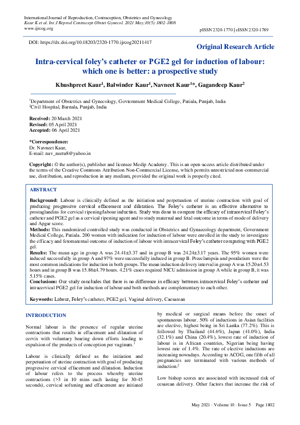 (PDF) Intra-cervical foley’s catheter or PGE2 gel for induction of ...