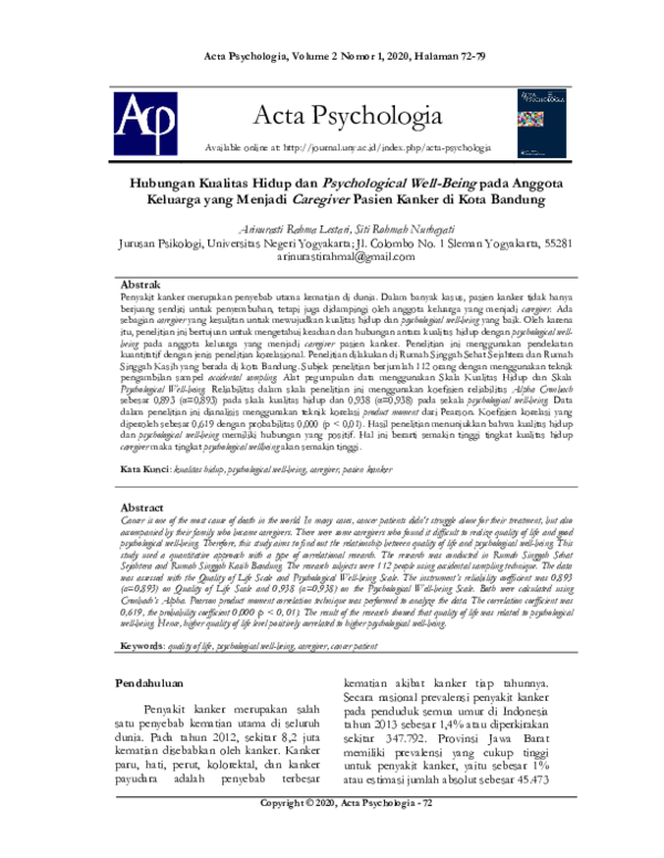 (PDF) Hubungan Kualitas Hidup dan Psychological Well-Being pada Anggota Keluarga yang Menjadi ...