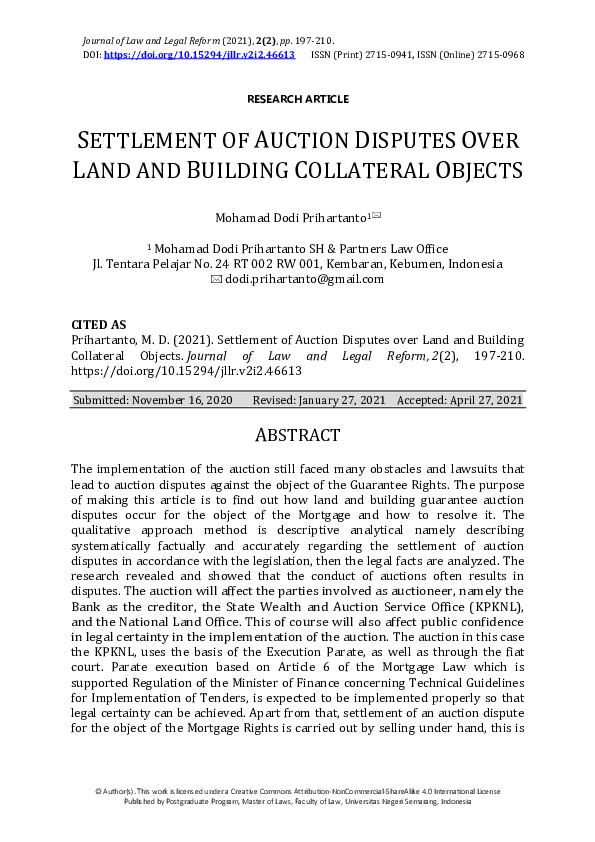 (PDF) Settlement of Auction Disputes over Land and Building Collateral ...
