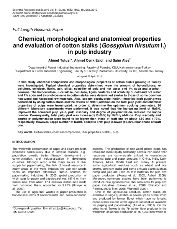 (PDF) Chemical, morphological and anatomical properties and evaluation of cotton stalks ...