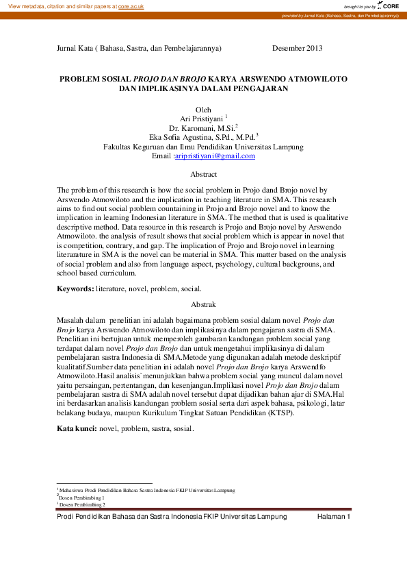 (PDF) Problem Sosial Projo Dan Brojo Karya Arswendo Atmowiloto Dan Implikasinya Dalam Pengajaran ...