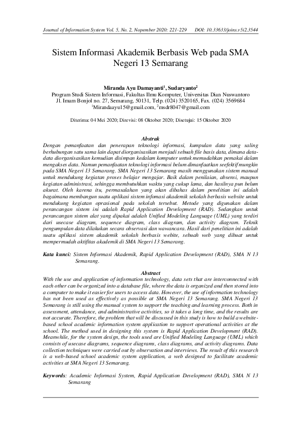 (PDF) Sistem Informasi Akademik Berbasis Web pada SMA Negeri 13 Semarang