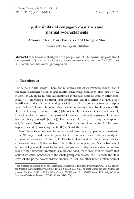 (PDF) P-Divisibility of Conjugacy Class Sizes and Normal P-Complements