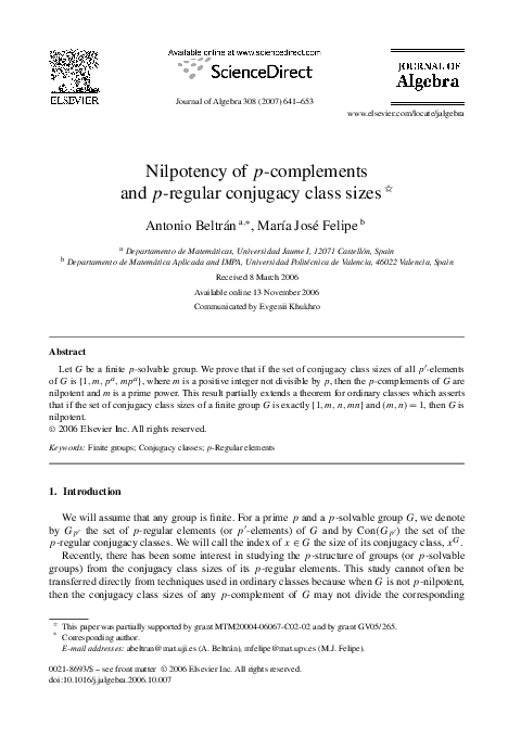 (PDF) Nilpotency of p-complements and p-regular conjugacy class sizes | Antonio Beltrán Felip ...